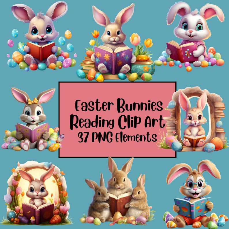 Cute Easter Bunny Clipart, Floral Bunny, Bookworm, Book Lover PNG ...