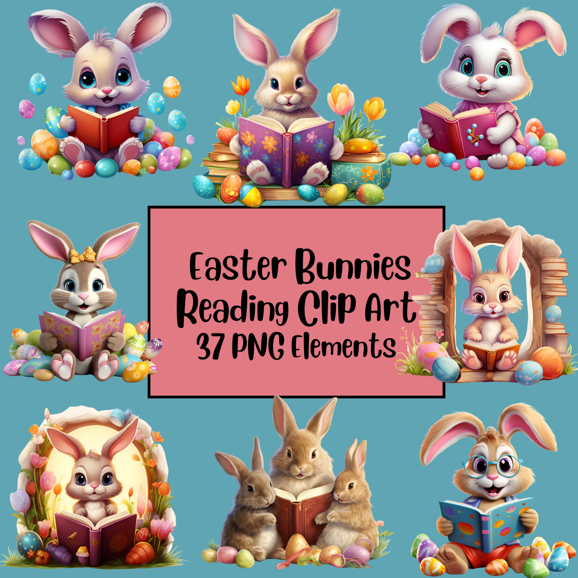 Cute Easter Bunny Clipart, Floral Bunny, Bookworm, Book Lover PNG ...