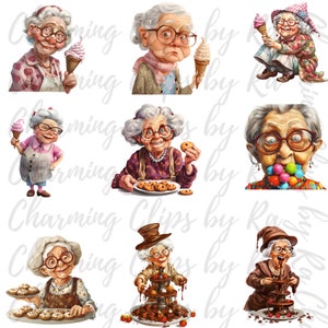 Funny Old Lady Sweets Bundle, Elderly Clipart, Cute Sweets Clipart, Old ...