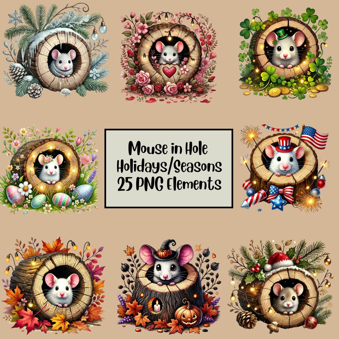 Mouse Hole Clipart Set, Nature Mice in Holes Watercolor Clipart ...