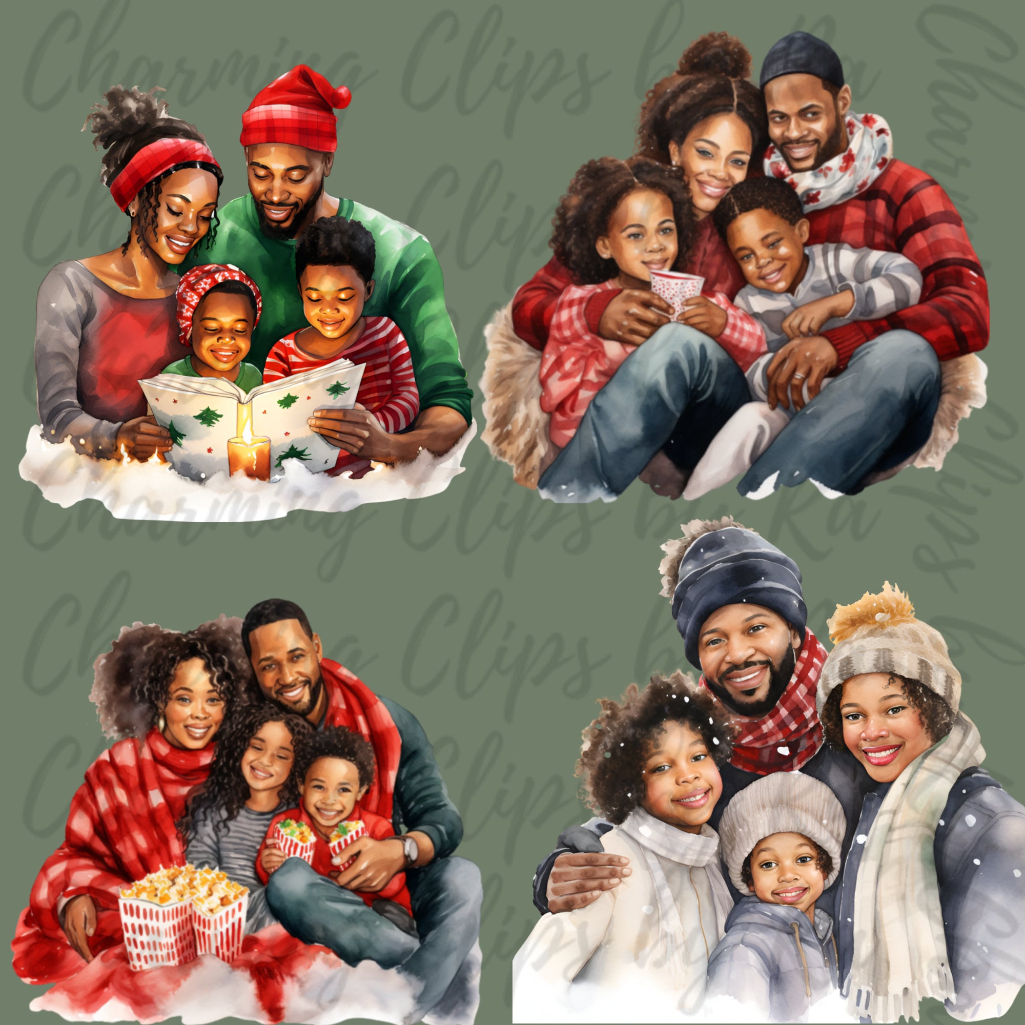 Watercolor Christmas Black Family Clipart PNG, Festive, Holiday Clipart ...
