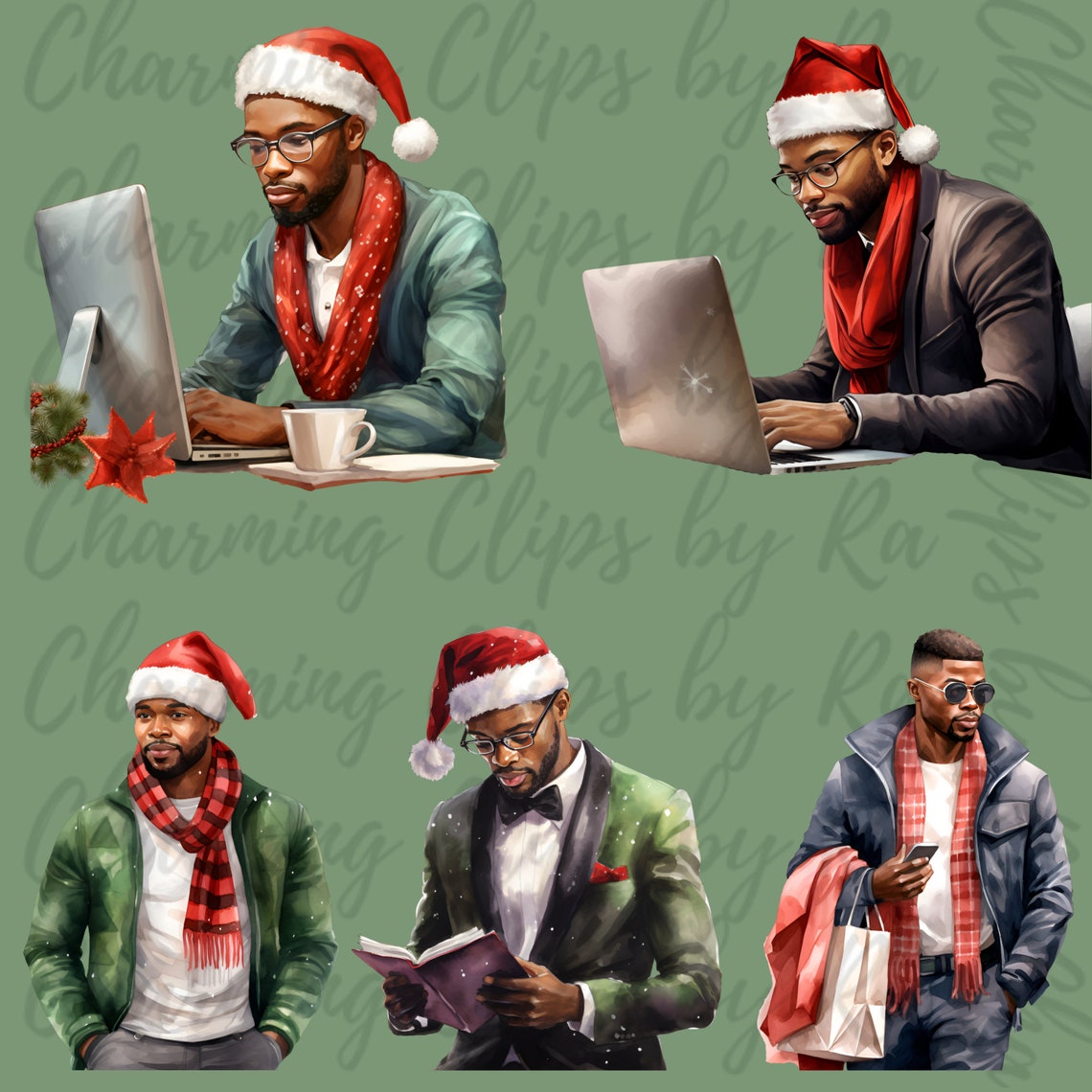 Black Man Christmas Watercolor Clipart, Husband Clipart, Afro Man ...