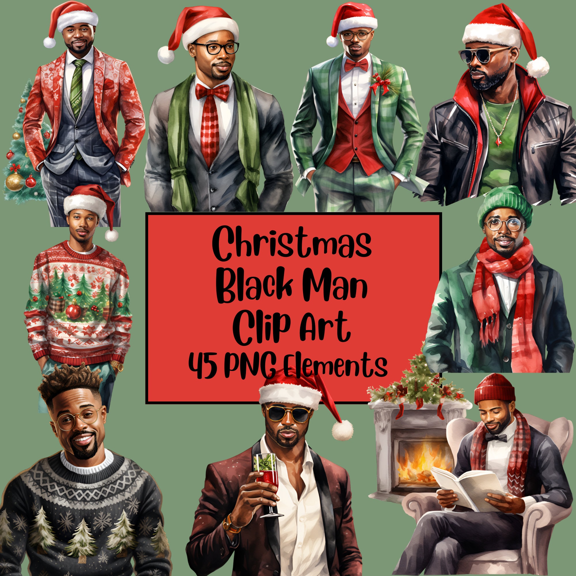 Black Man Christmas Watercolor Clipart, Husband Clipart, Afro Man ...