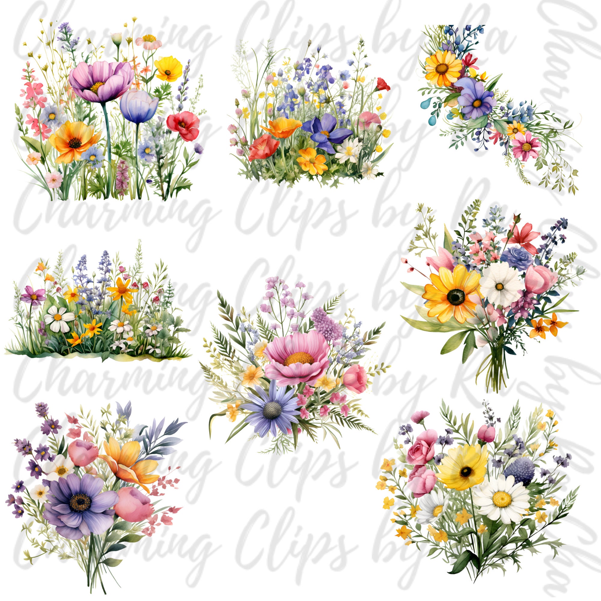 Floral Wildflowers Clipart, Wildflowers Bouquet Bundle, Spring Clipart ...