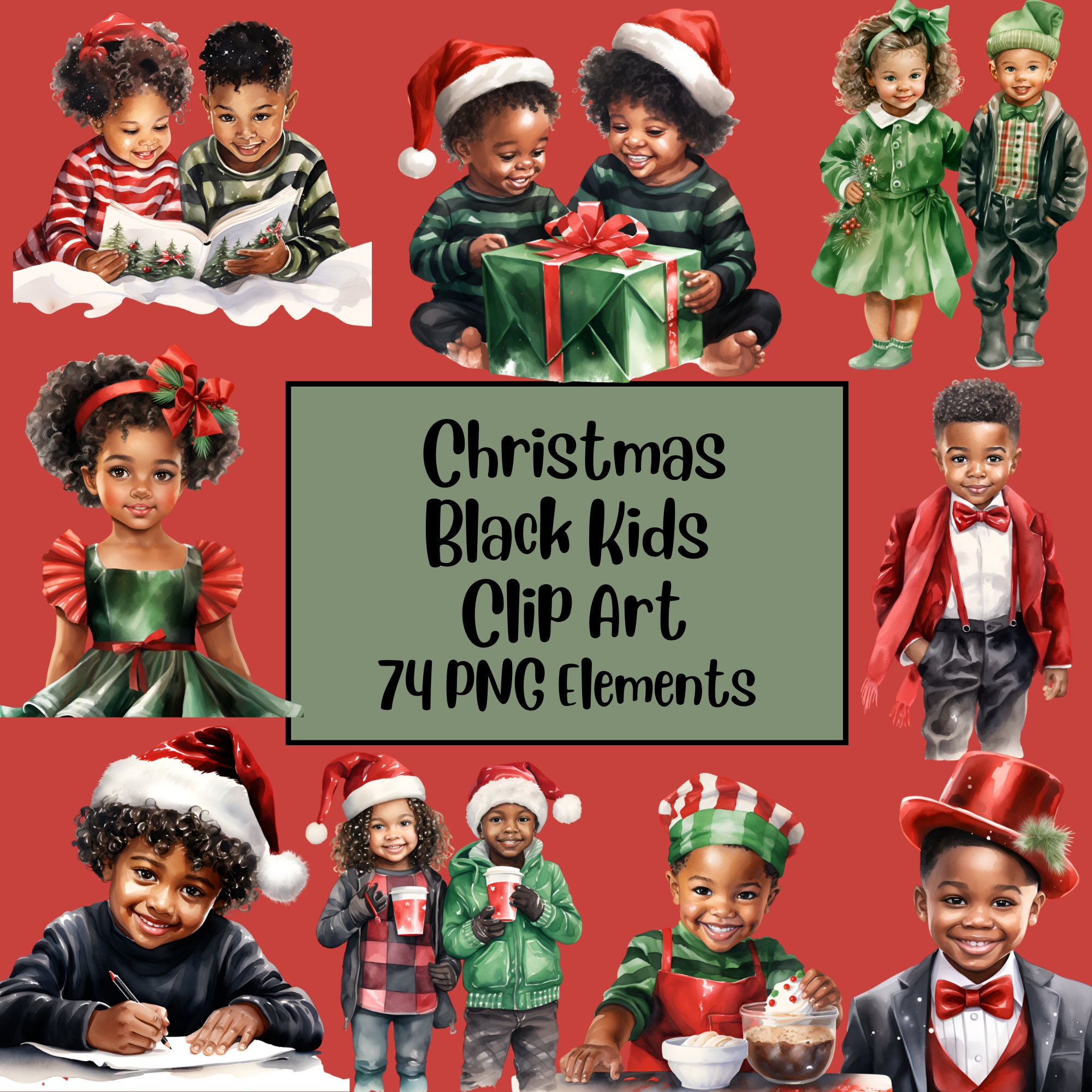 Watercolor Black Kids Christmas Clipart Bundle, African American ...