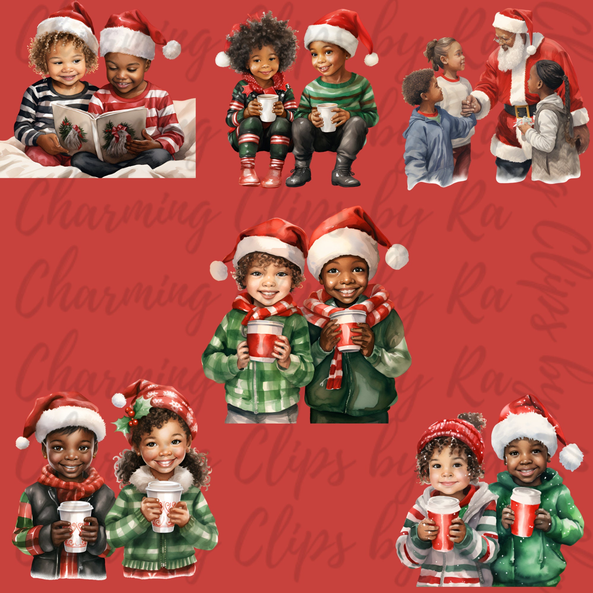 Watercolor Black Kids Christmas Clipart Bundle, African American ...