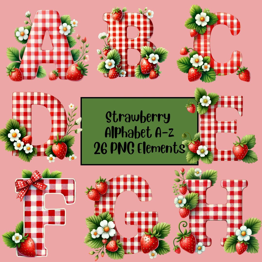 Strawberry Alphabet PNG Bundle, Strawberry First Birthday Clipart, Cute ...