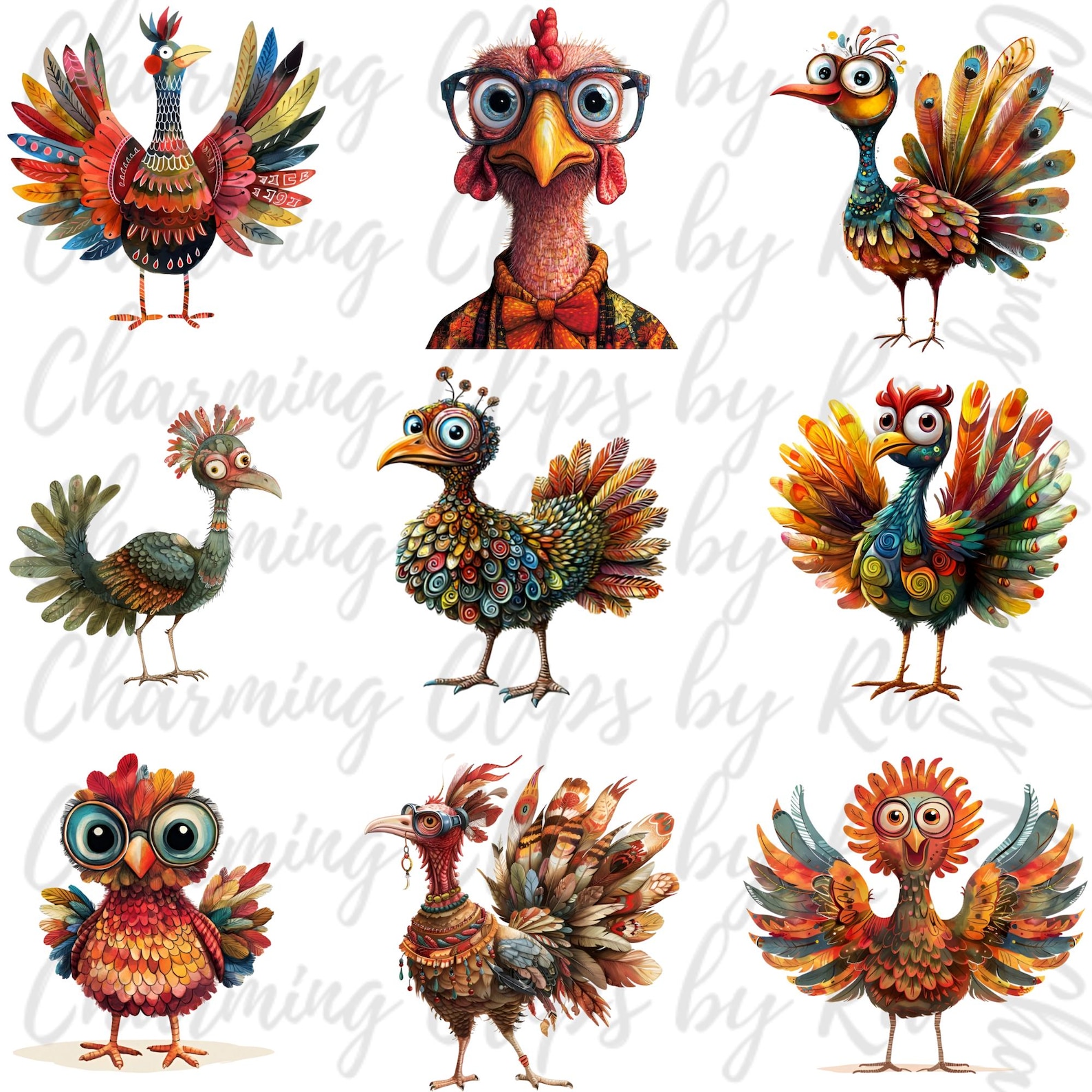 Quirky Birds Clipart, Quirky Turkey, Fall Festive Clipart, Thanksgiving ...