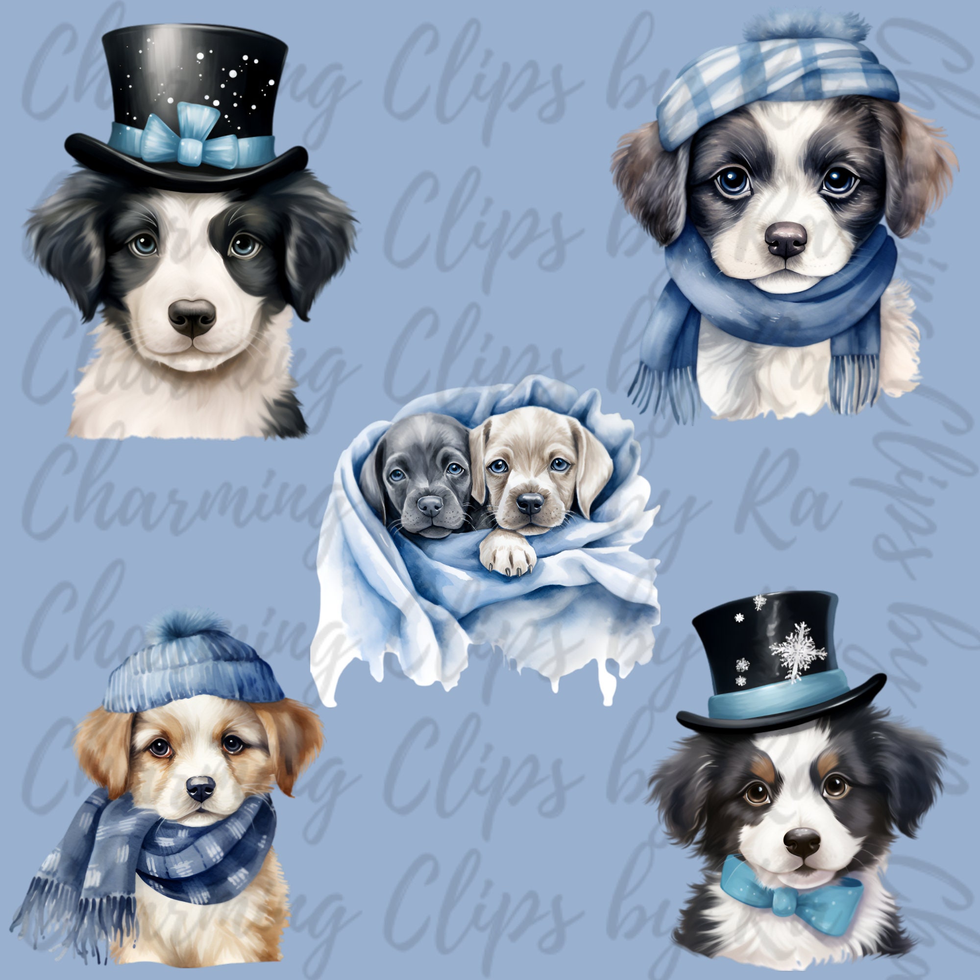 Dog Clipart Bundle, Watercolor Blue Winter Puppies, Winter Animal, Junk ...