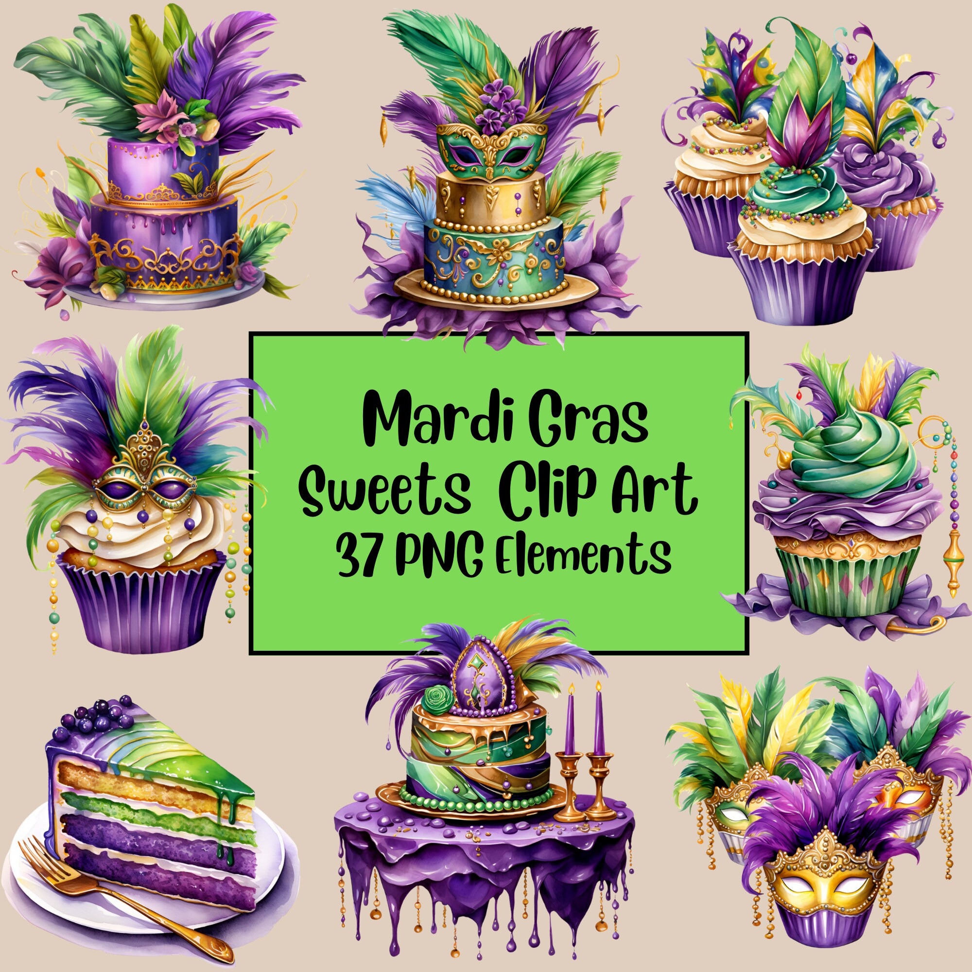 Mardi Gras Sweets Cake PNG Clipart Bundle, Cute Sweets Clipart ...