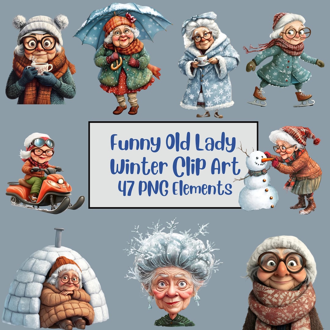 Funny Old Ladies Clipart, Winter Old Ladies Clipart, Cute Grandma, Old ...