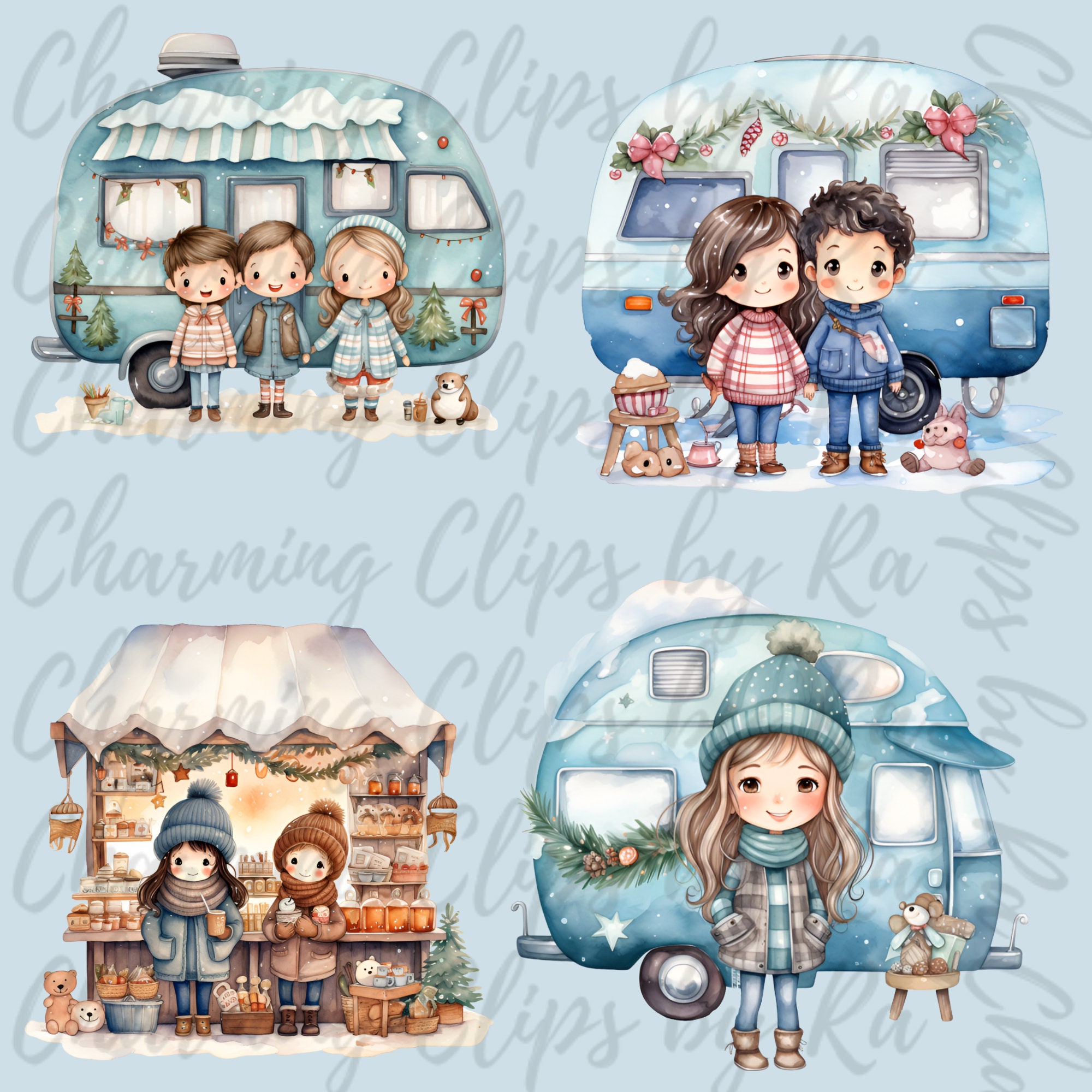 Watercolor Cute Kawaii Winter Clipart, Snowman Clipart, Seasonal, Cozy ...