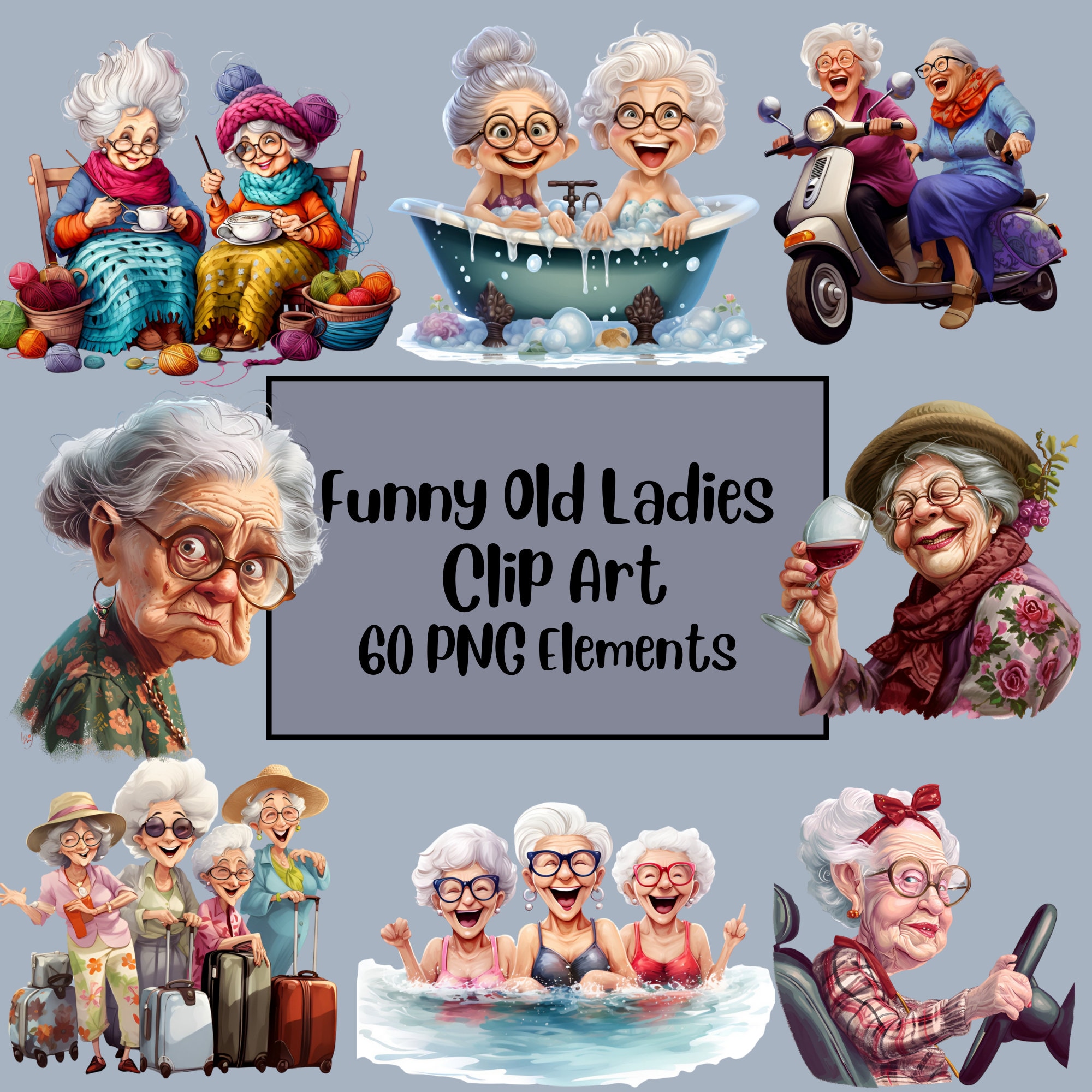 Funny Old Ladies Clipart, Elderly Clipart, Cute Grandma, Old Ladies PNG Bundle, Cheerful Old ...
