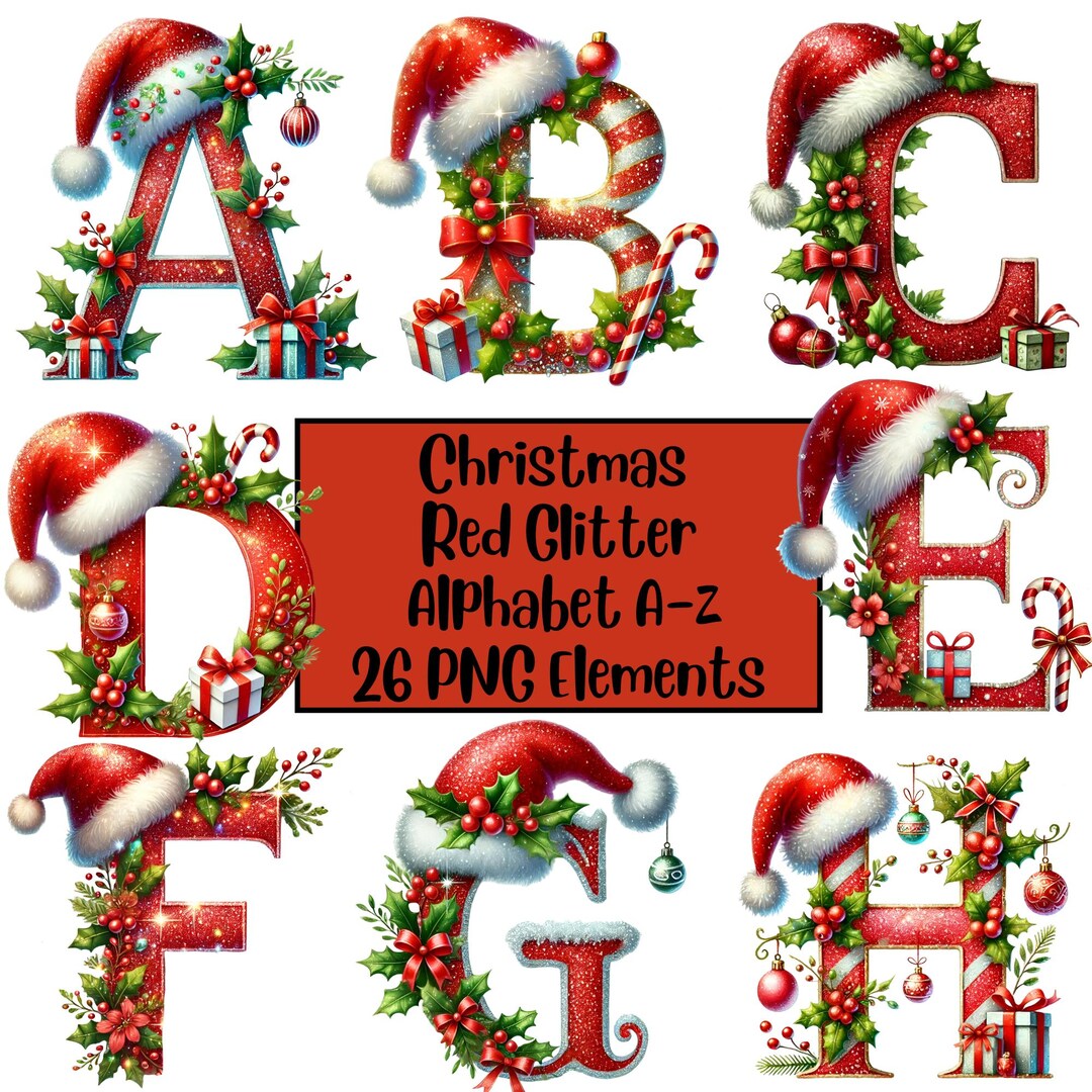 Christmas Alphabet PNG Bundle, Red Glitter Letters PNG, Christmas ...