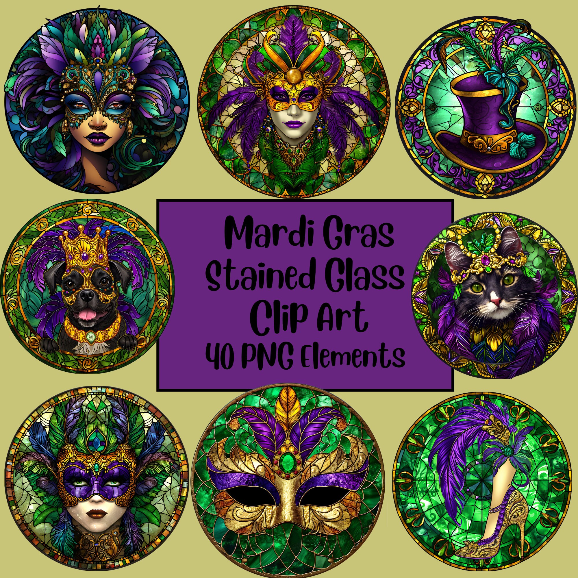 Mardi Gras Stained Glass Round Clipart, Mardi Gras Mask PNG, Window ...