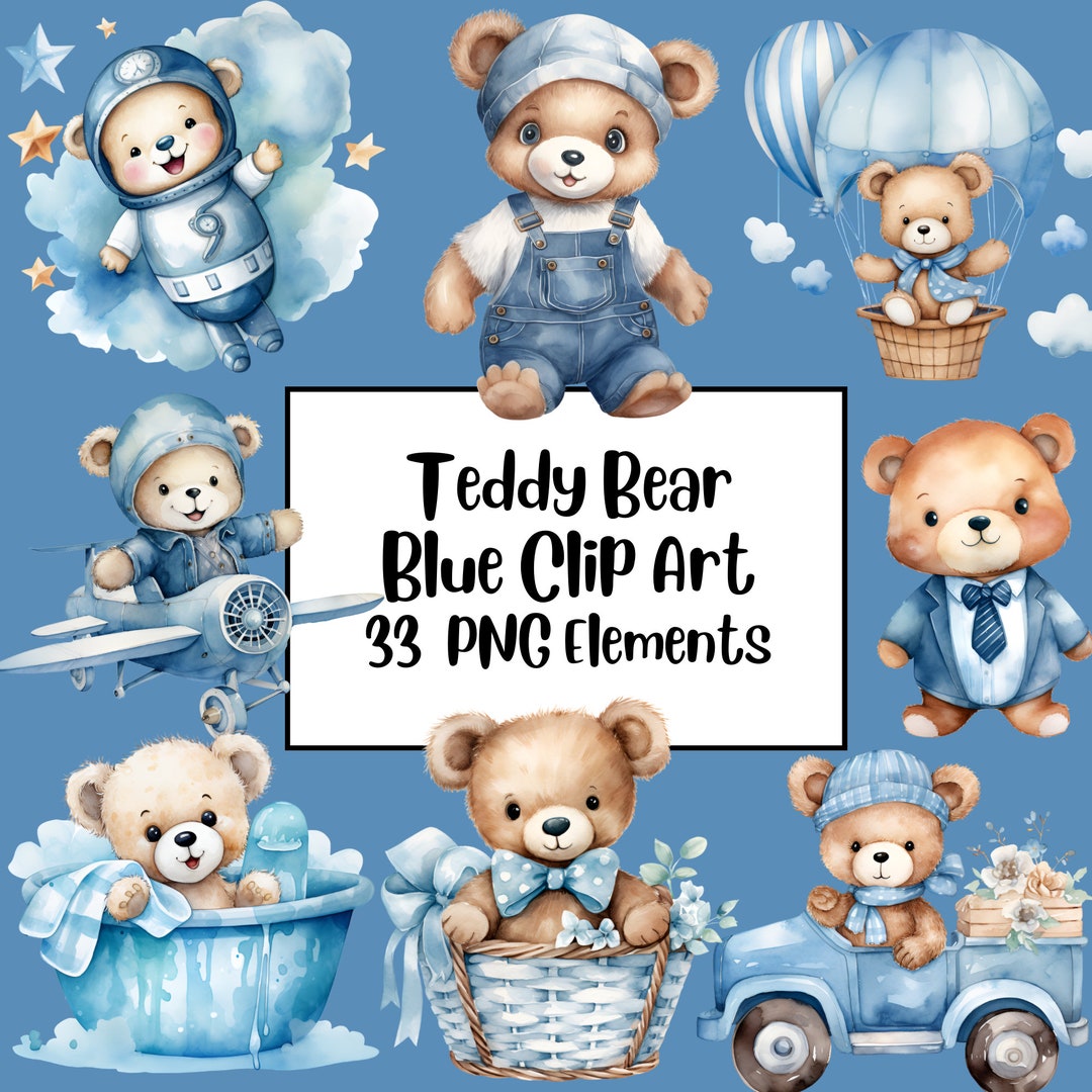 Teddy Bear Clipart Bundle, Boy Baby Shower PNG, Cute Blue Boho Teddy ...