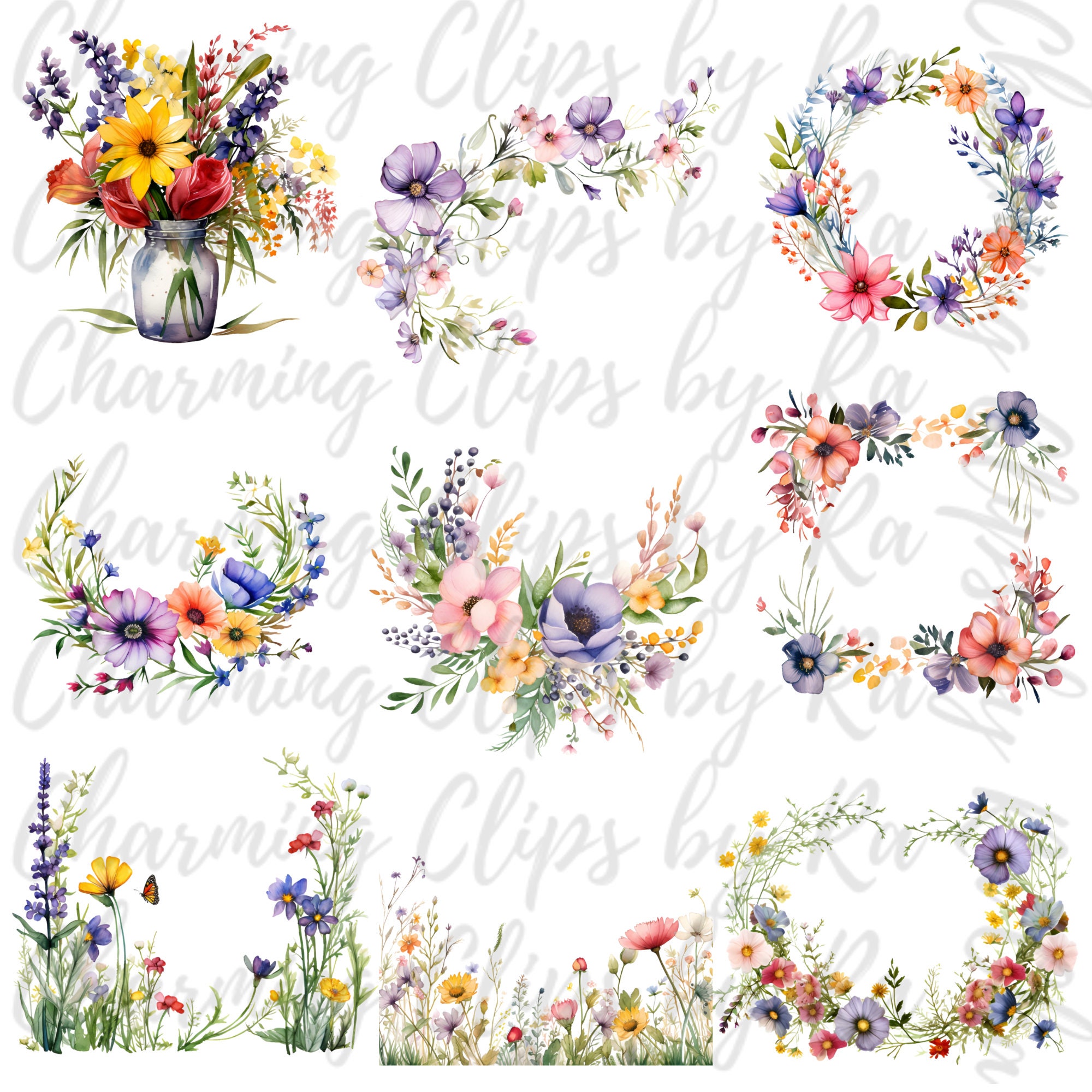 Floral Wildflowers Clipart, Wildflowers Bouquet Bundle, Spring Clipart ...