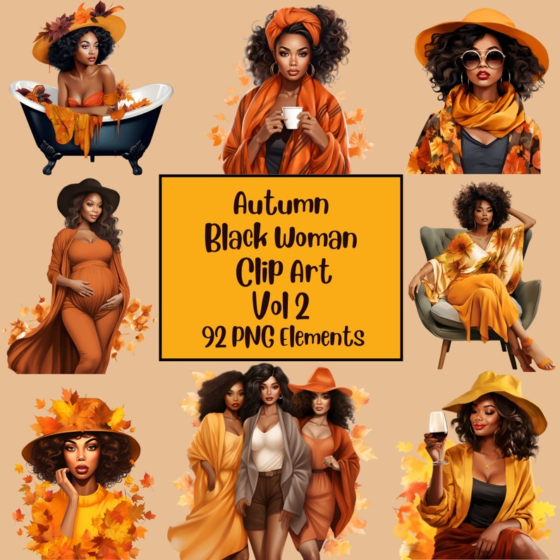 Fashionable Black Woman Clipart Bundle, Fall Vibe Clipart, Afro Girl Clipart, Boss Lady, Curvy ...