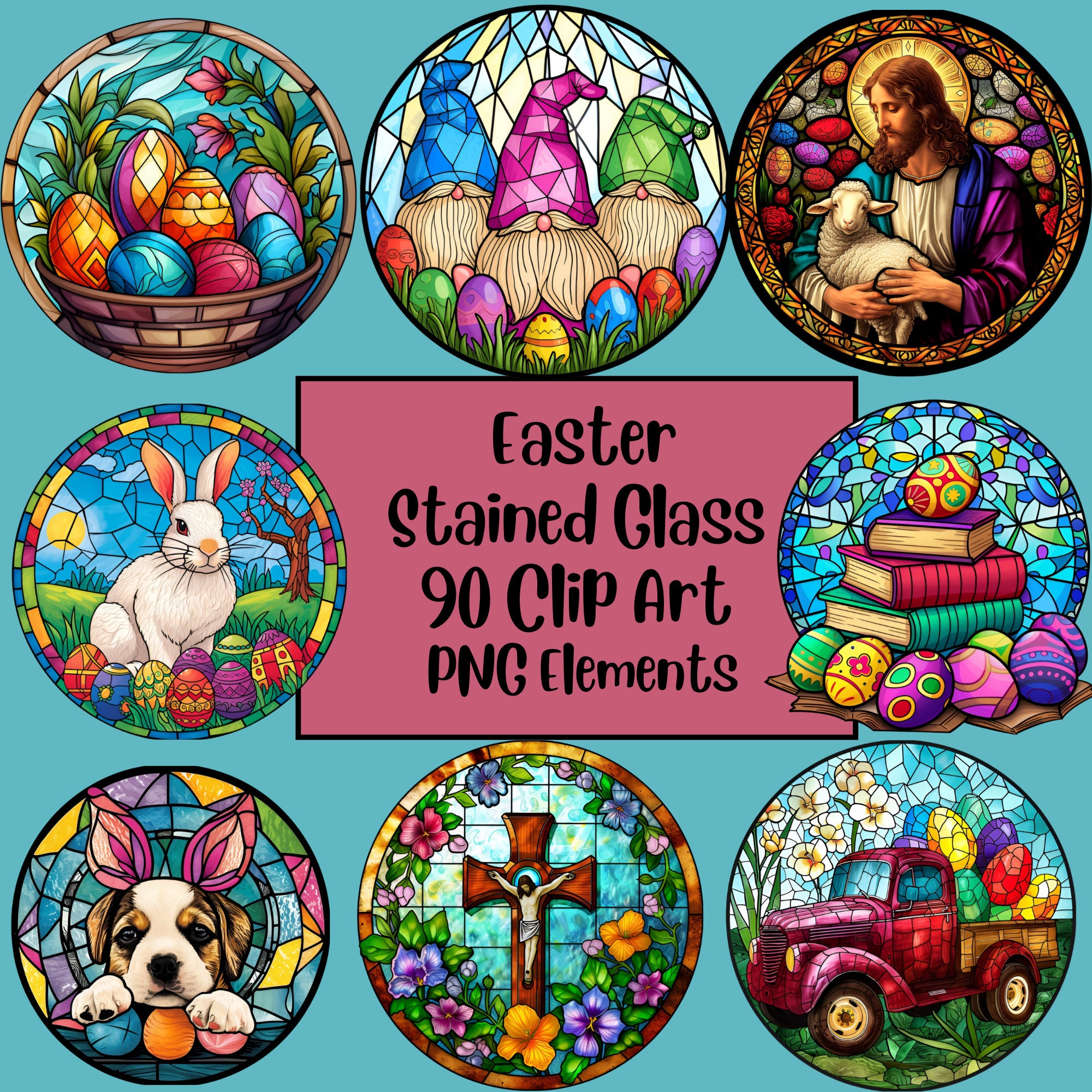 Stained Glass PNG Bundle, Easter Bunny, Eggs, Booklover Clipart, Jesus ...