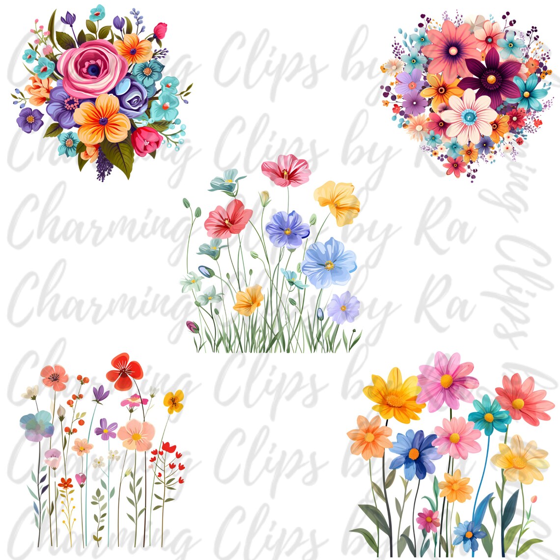 Floral Wildflowers Clipart, Wildflowers Bouquet Bundle, Spring Clipart ...