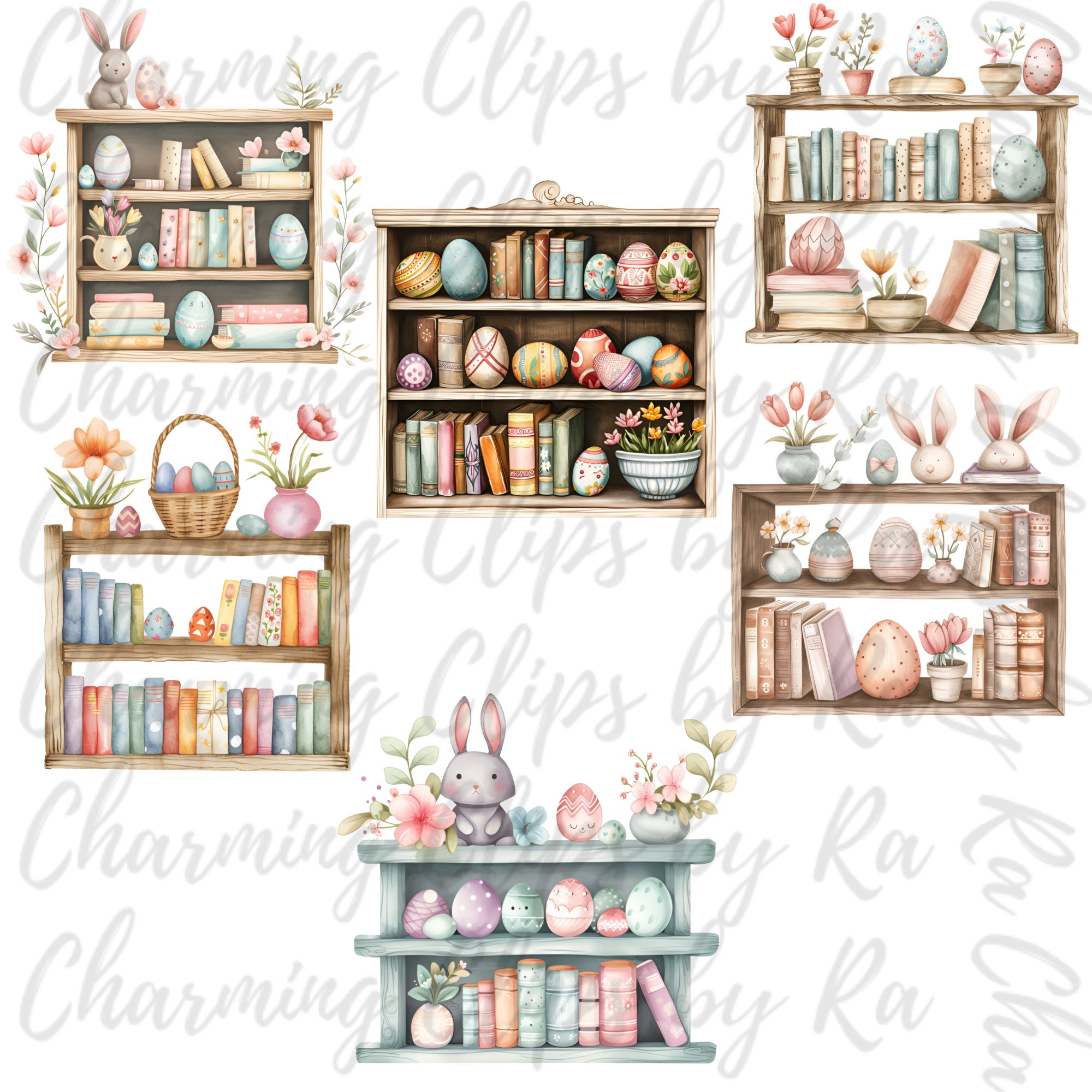 Watercolor Easter Bookcase Clipart, Easter Bookshelf Bundle, Library ...