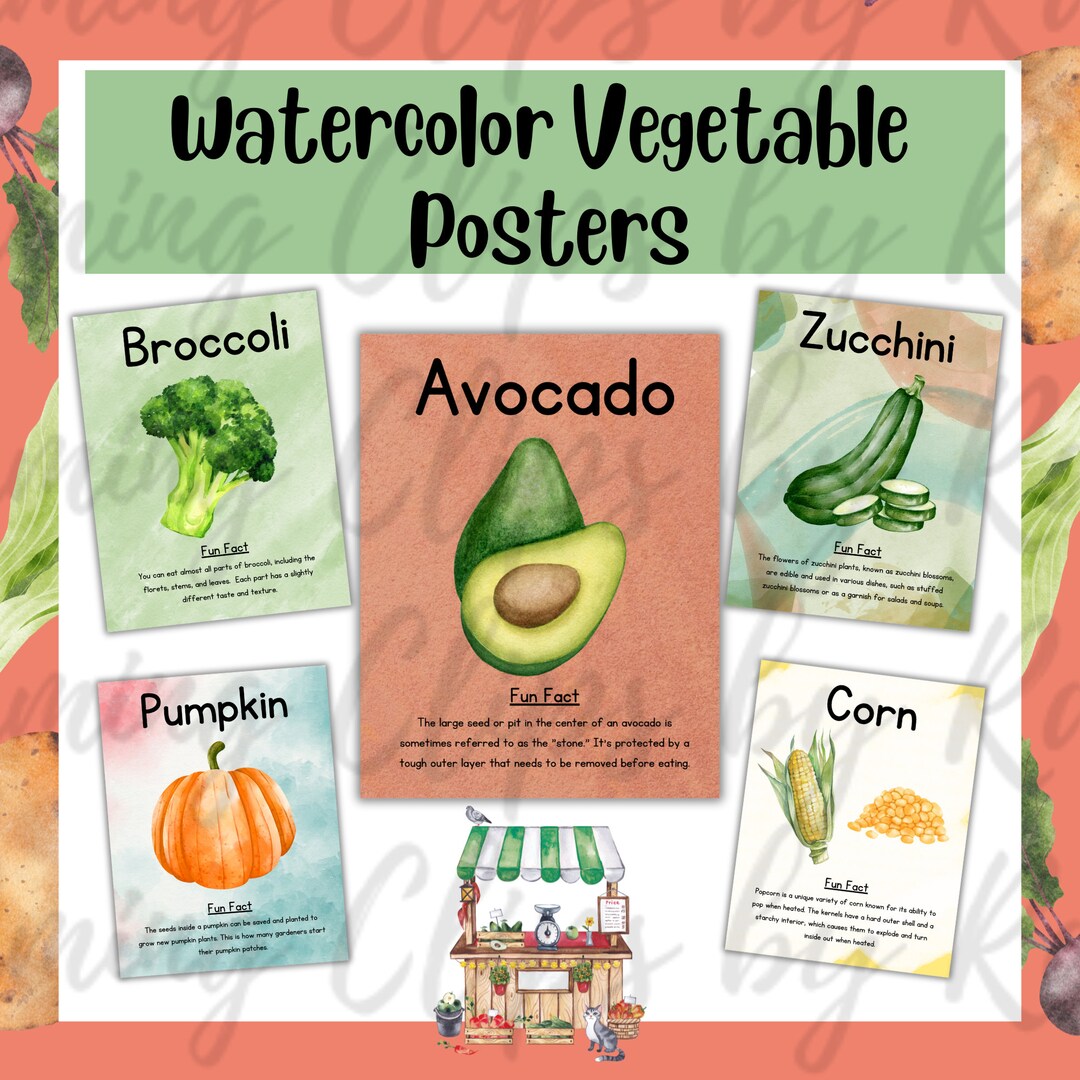 Watercolor Vegetable Posters With Fun Facts Corn, Broccoli, Bell Pepper ...