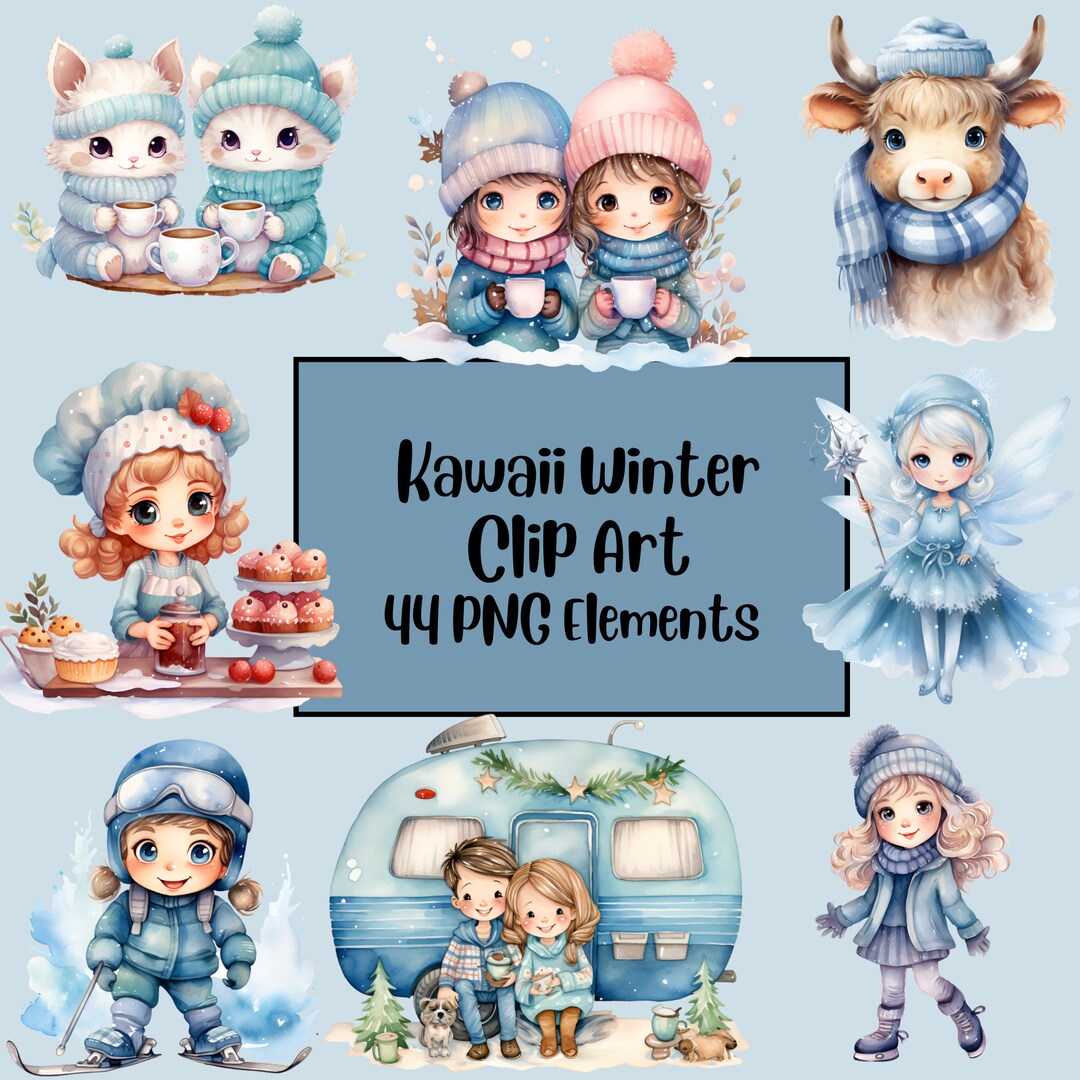 Watercolor Cute Kawaii Winter Clipart, Snowman Clipart, Seasonal, Cozy ...