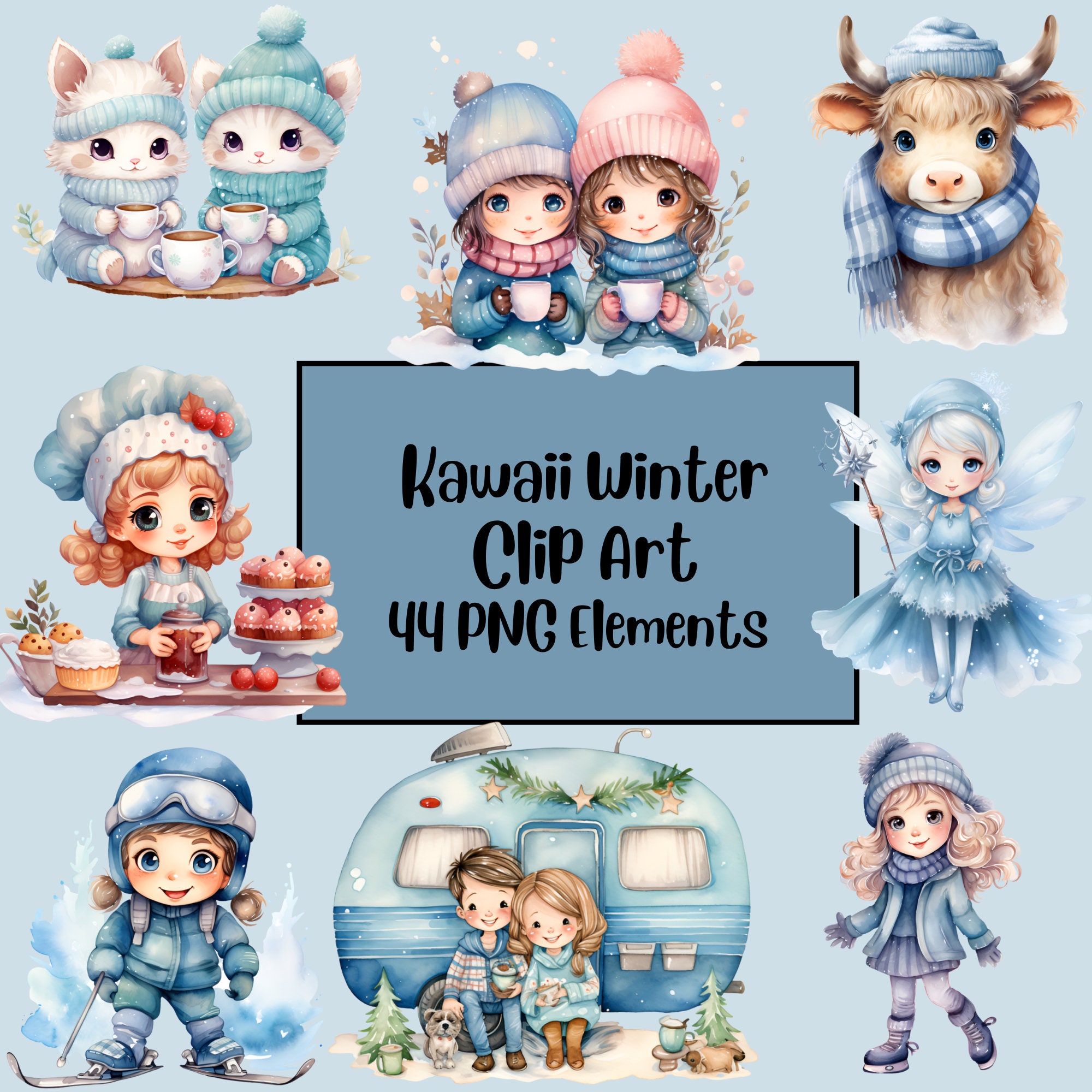Watercolor Cute Kawaii Winter Clipart Snowman Clipart - Etsy