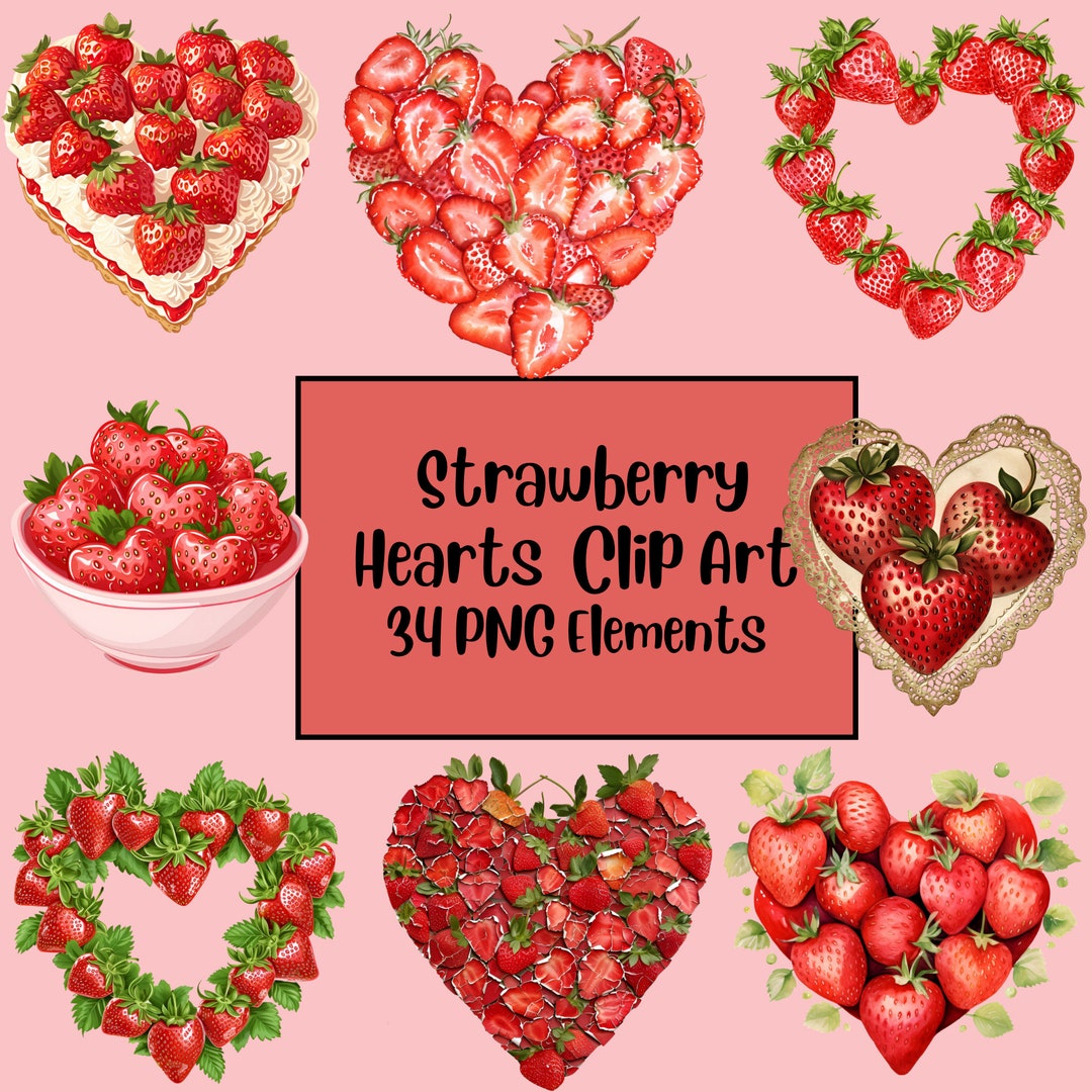 Strawberry Hearts Clipart, Valentine Bundle, Fruitful Strawberry, Heart ...