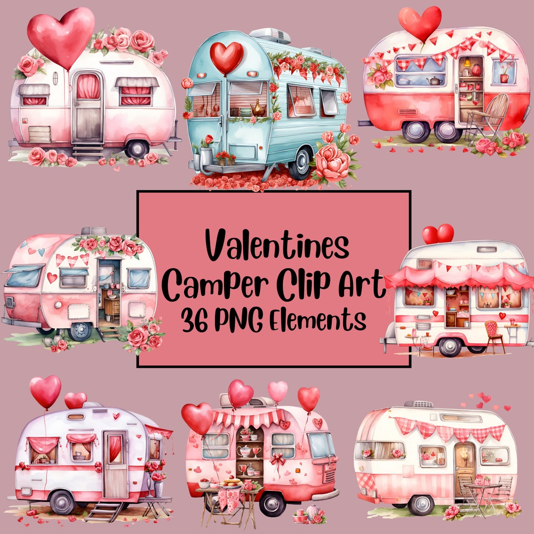 Watercolor Camper PNG Bundle, Valentine Camping Clipart, Campervan Life ...