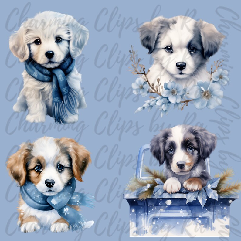Dog Clipart Bundle, Watercolor Blue Winter Puppies, Winter Animal, Junk ...