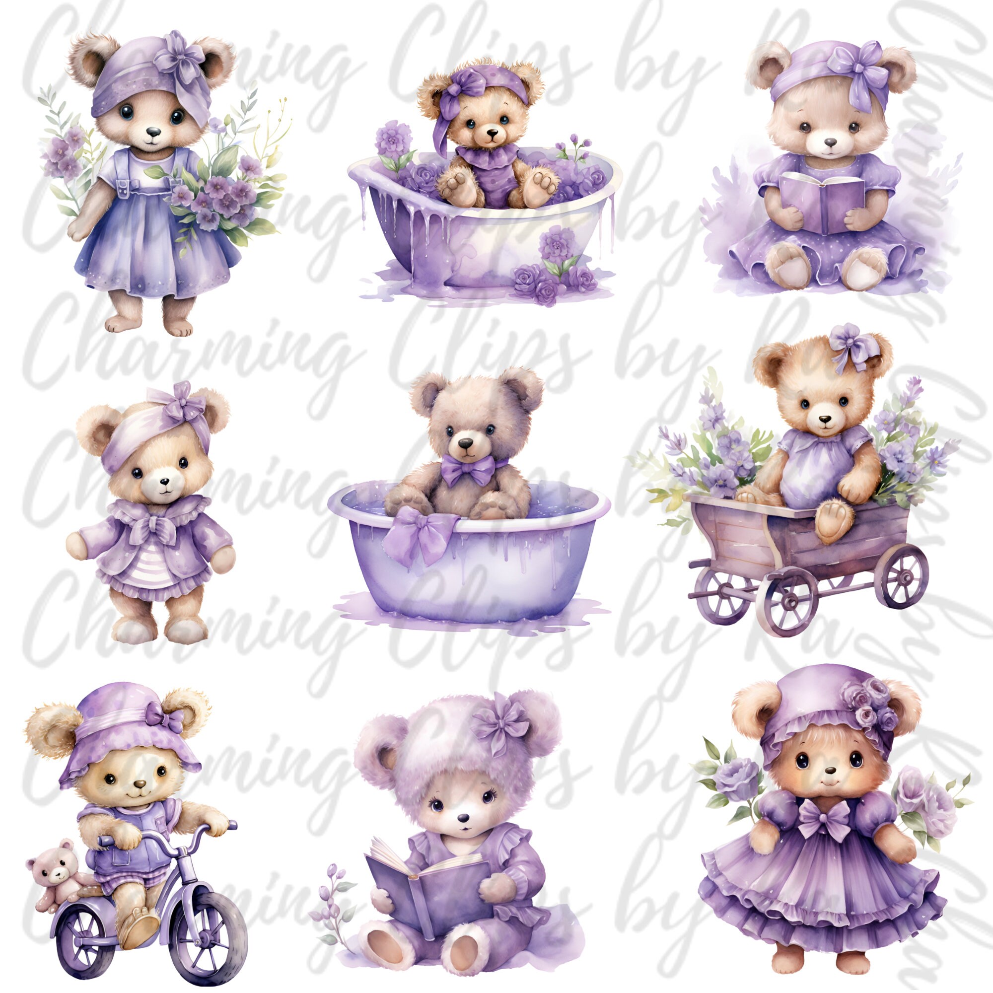 Teddy Bear Clipart Bundle, Girl Baby Shower PNG, Cute Lavendar Boho ...