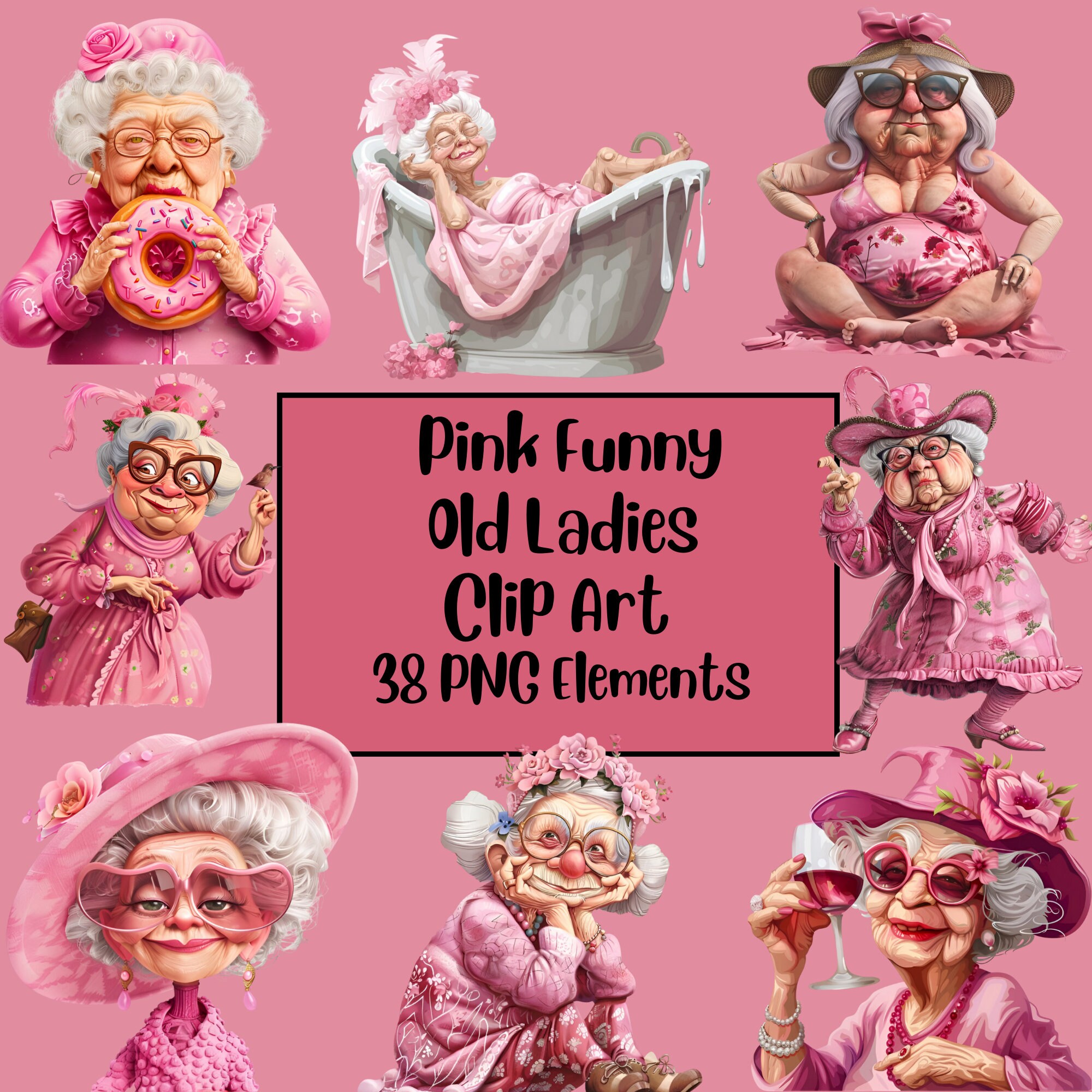 Funny Old Ladies Clipart, Elderly Clipart, Cute Grandma, Old Ladies PNG Bundle, Cheerful Old ...