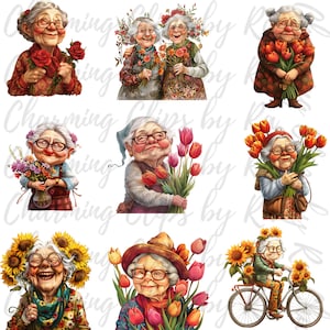 Funny Old Ladies Clipart, Birth Flower Clipart, Spring Time, Elderly ...