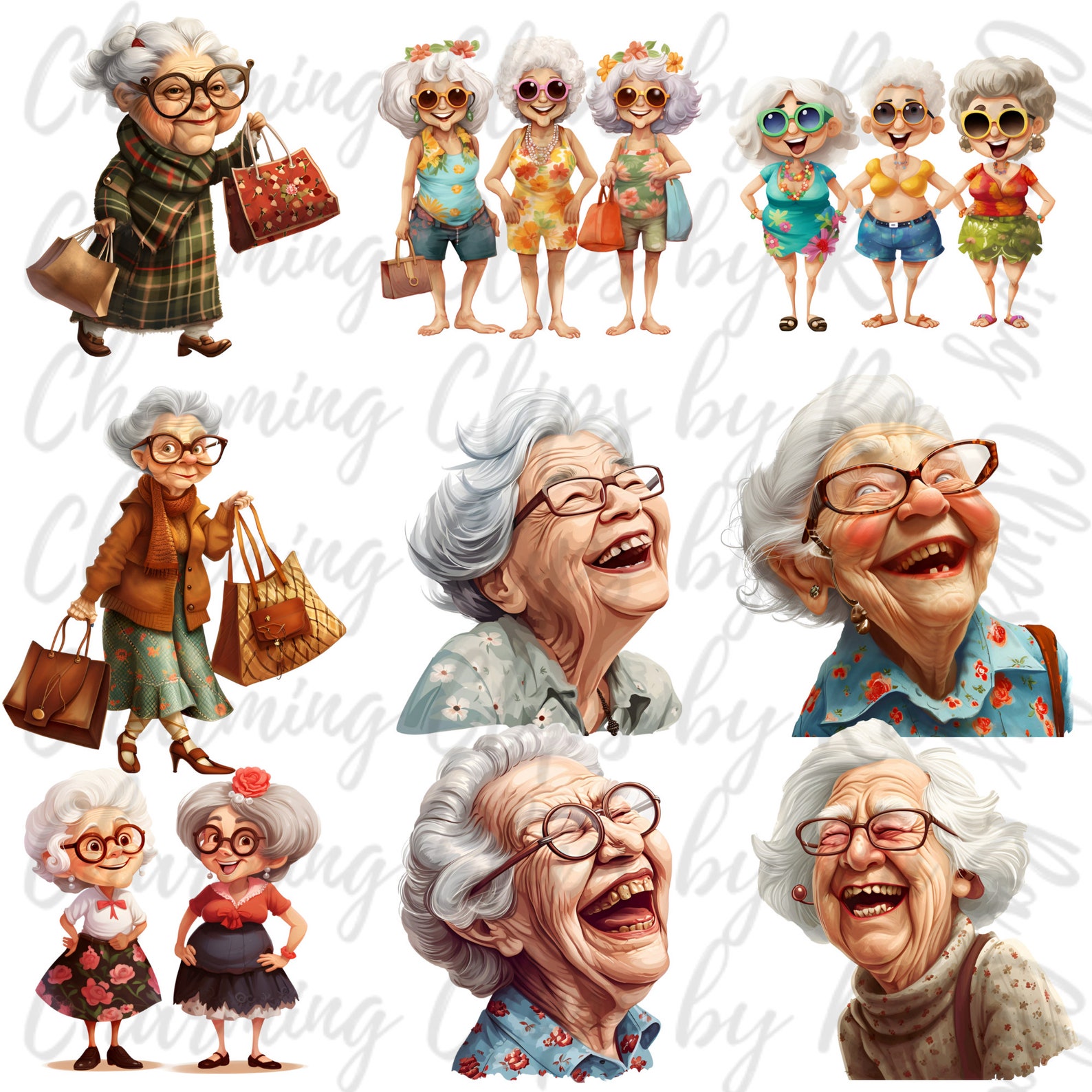 Funny Old Ladies Clipart, Elderly Clipart, Cute Grandma, Old Ladies PNG Bundle, Cheerful Old ...