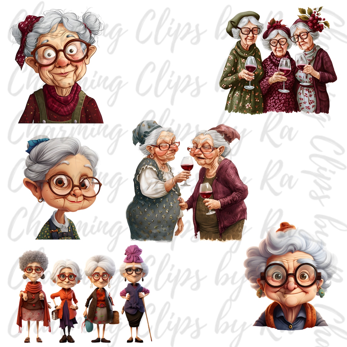 Funny Old Ladies Clipart, Elderly Clipart, Cute Grandma, Old Ladies PNG Bundle, Cheerful Old ...