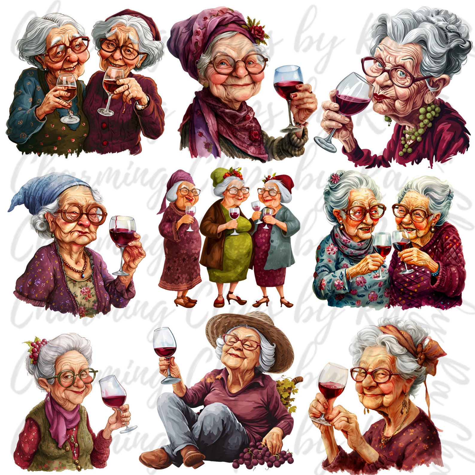 Funny Old Ladies Clipart, Elderly Clipart, Cute Grandma, Old Ladies PNG Bundle, Cheerful Old ...