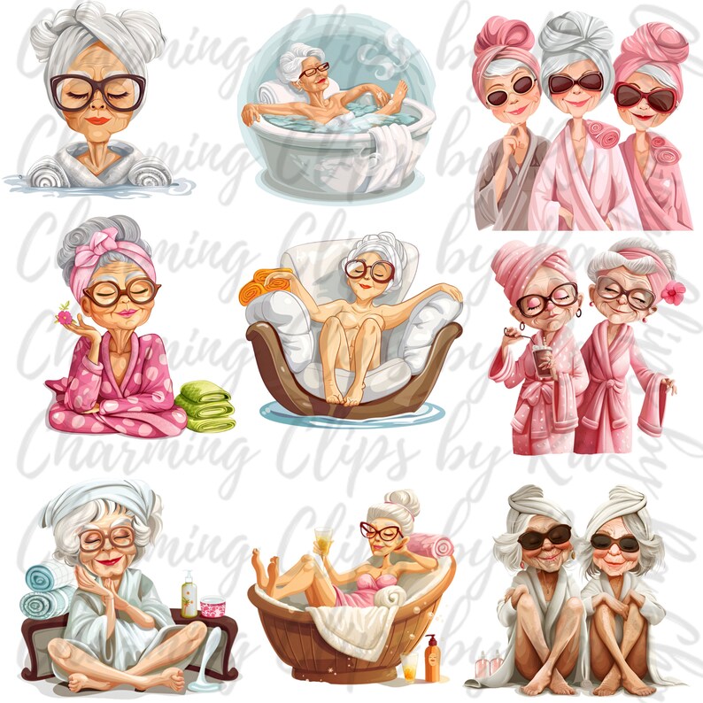 Funny Old Ladies Clipart, Elderly Clipart, Spa Day Clipart, Old Ladies PNG Bundle, Cheerful Old ...