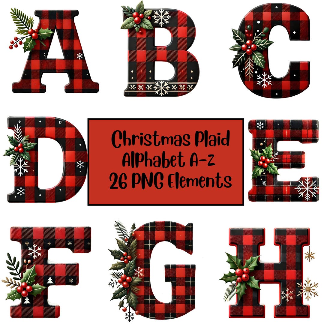 Christmas Alphabet PNG Bundle, Red Plaid Buffalo PNG, Christmas Letters ...