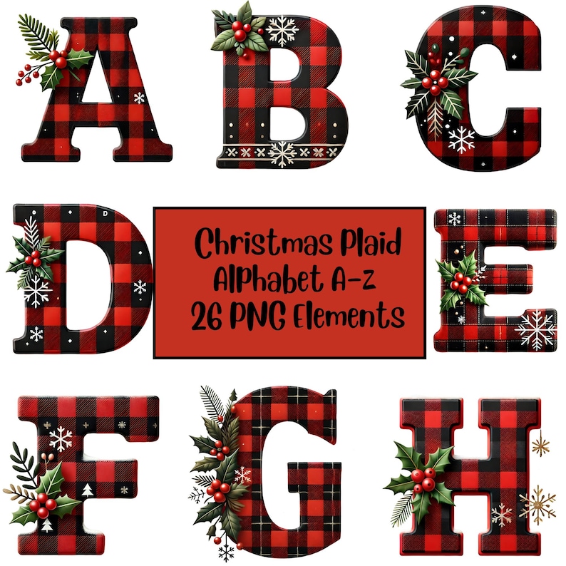 Christmas Alphabet PNG Bundle, Red Plaid Buffalo PNG, Christmas Letters ...