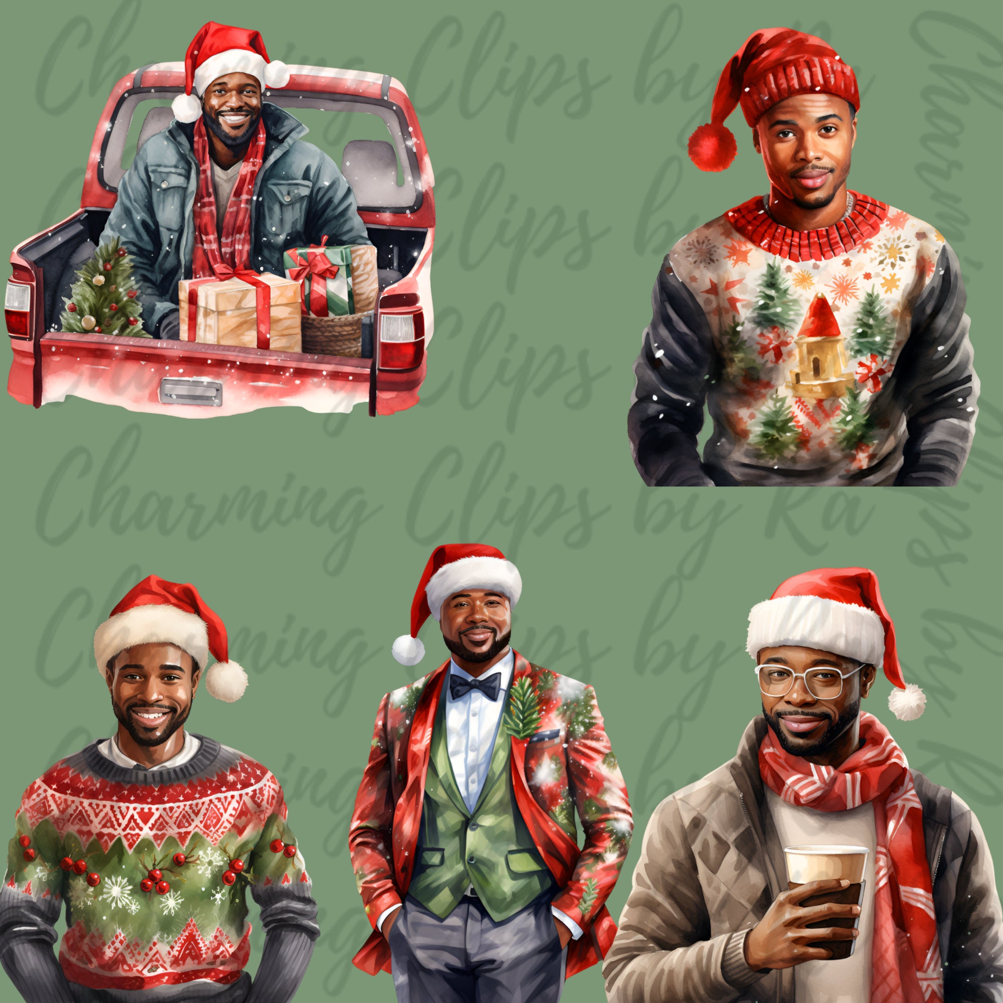Black Man Christmas Watercolor Clipart, Husband Clipart, Afro Man ...