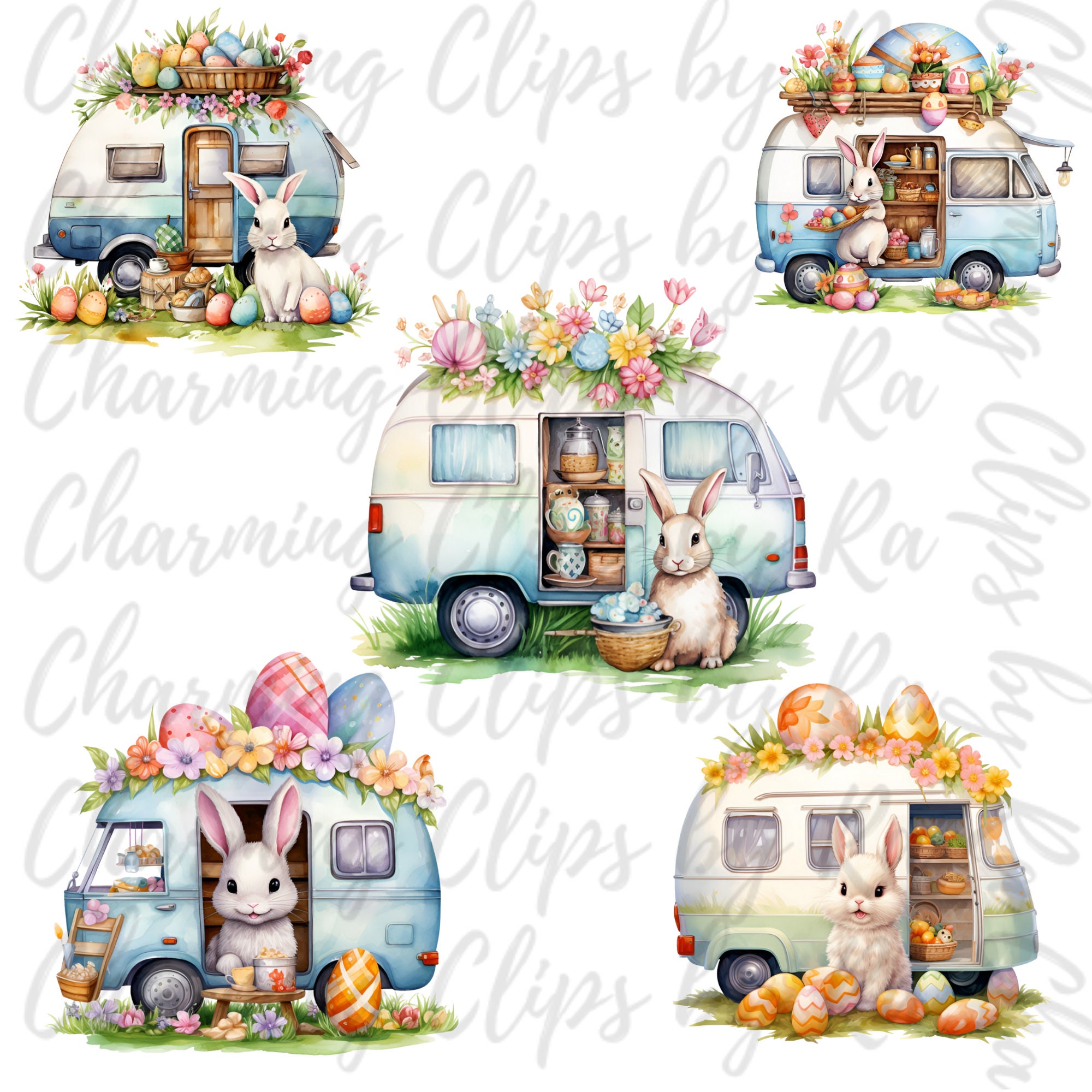 Cute Easter Bunny Clipart, Camper PNG Bundle, Campervan Life, Spring ...