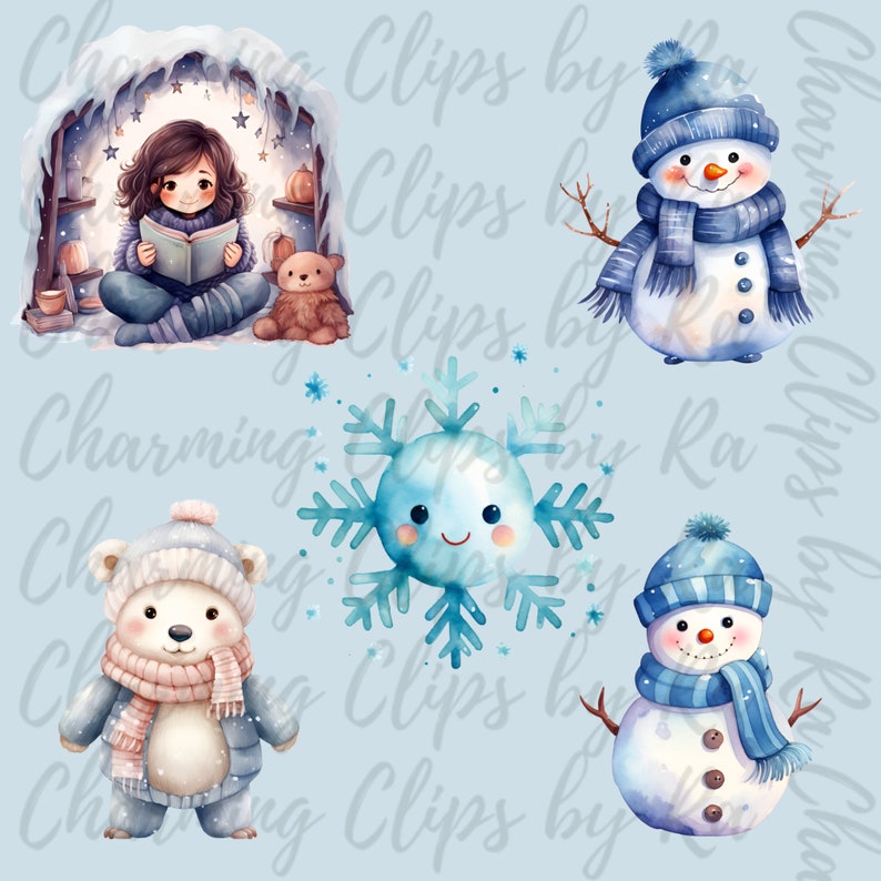 Watercolor Cute Kawaii Winter Clipart, Snowman Clipart, Seasonal, Cozy ...