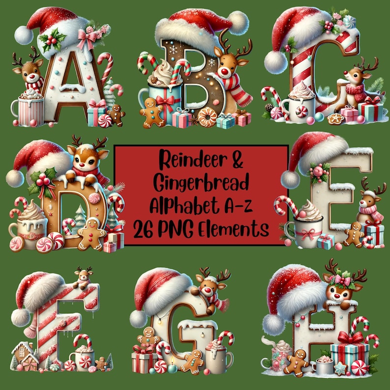 Christmas Alphabet PNG, Reindeer Clipart, Santa Letters, Gingerbread ...