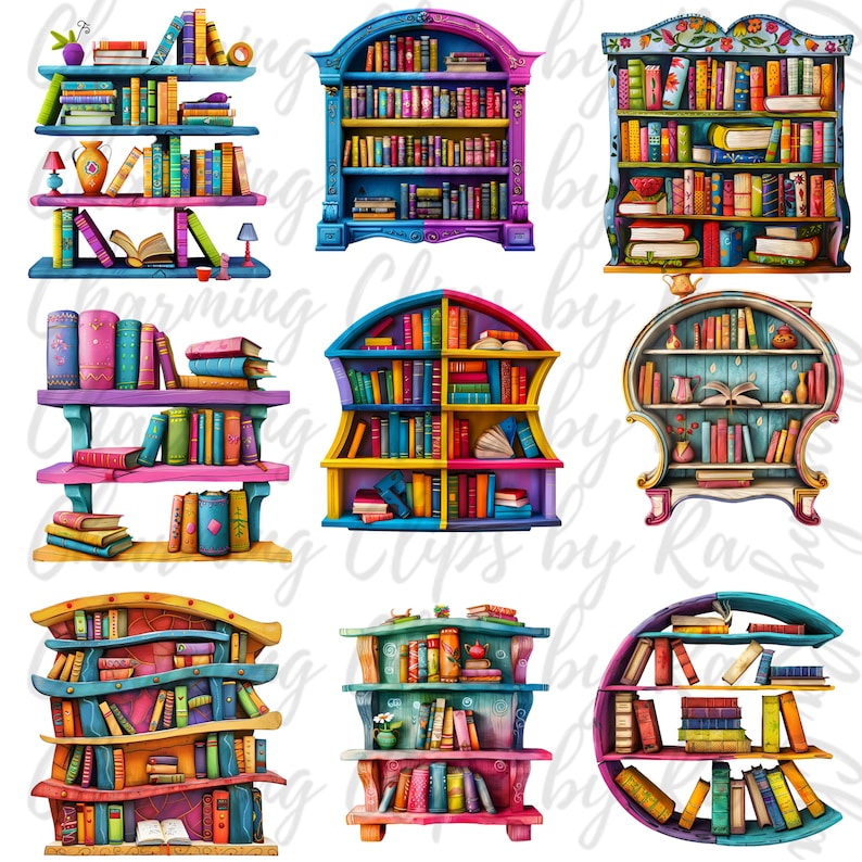 Bookshelf Clipart, Bookcase Clipart, Stacked Book, Cozy Bookworms ...