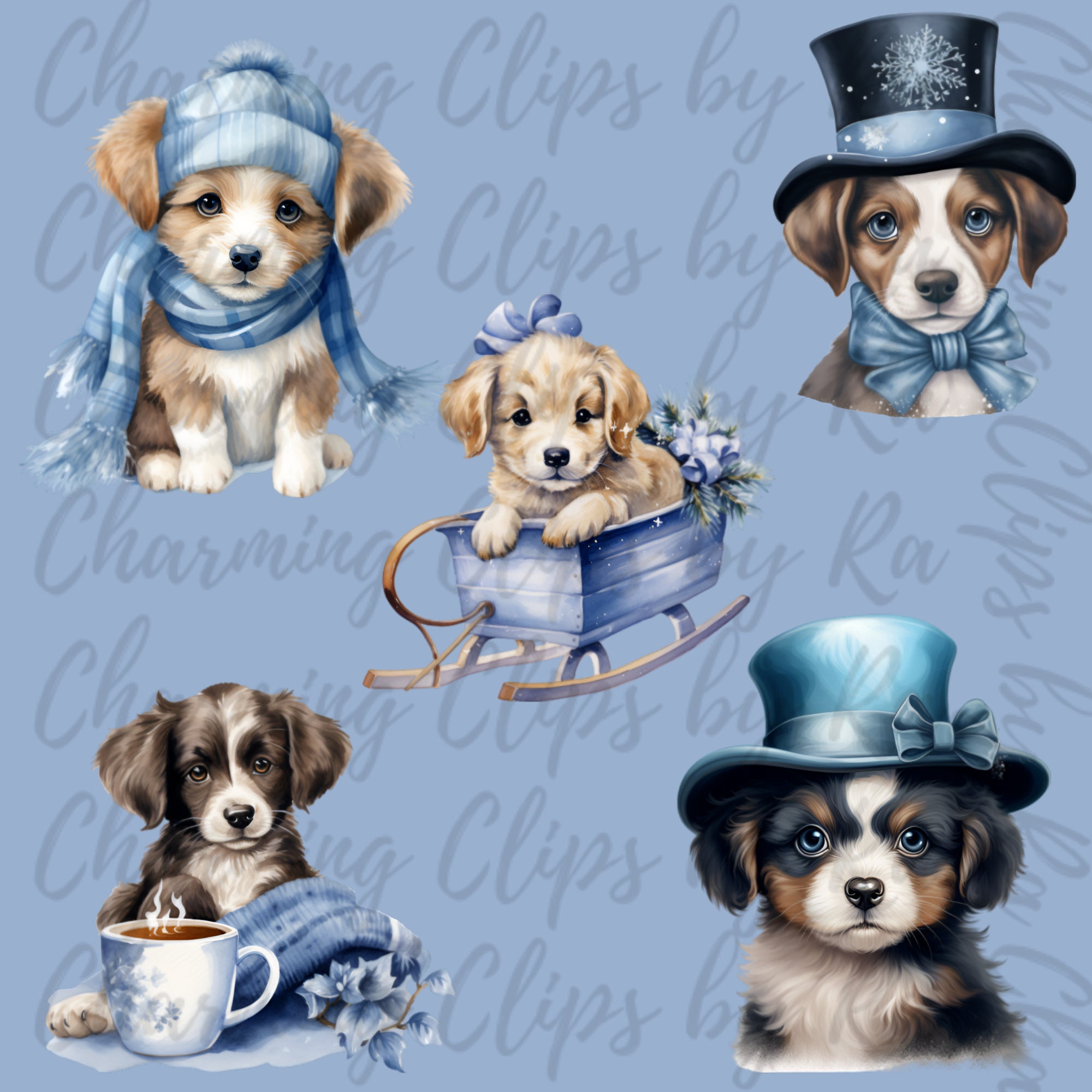 Dog Clipart Bundle, Watercolor Blue Winter Puppies, Winter Animal, Junk ...