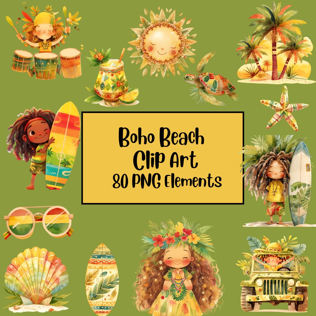 Boho Beach Clipart, Summer Beach Bundle, Summer Vibes, Seaside Clipart ...