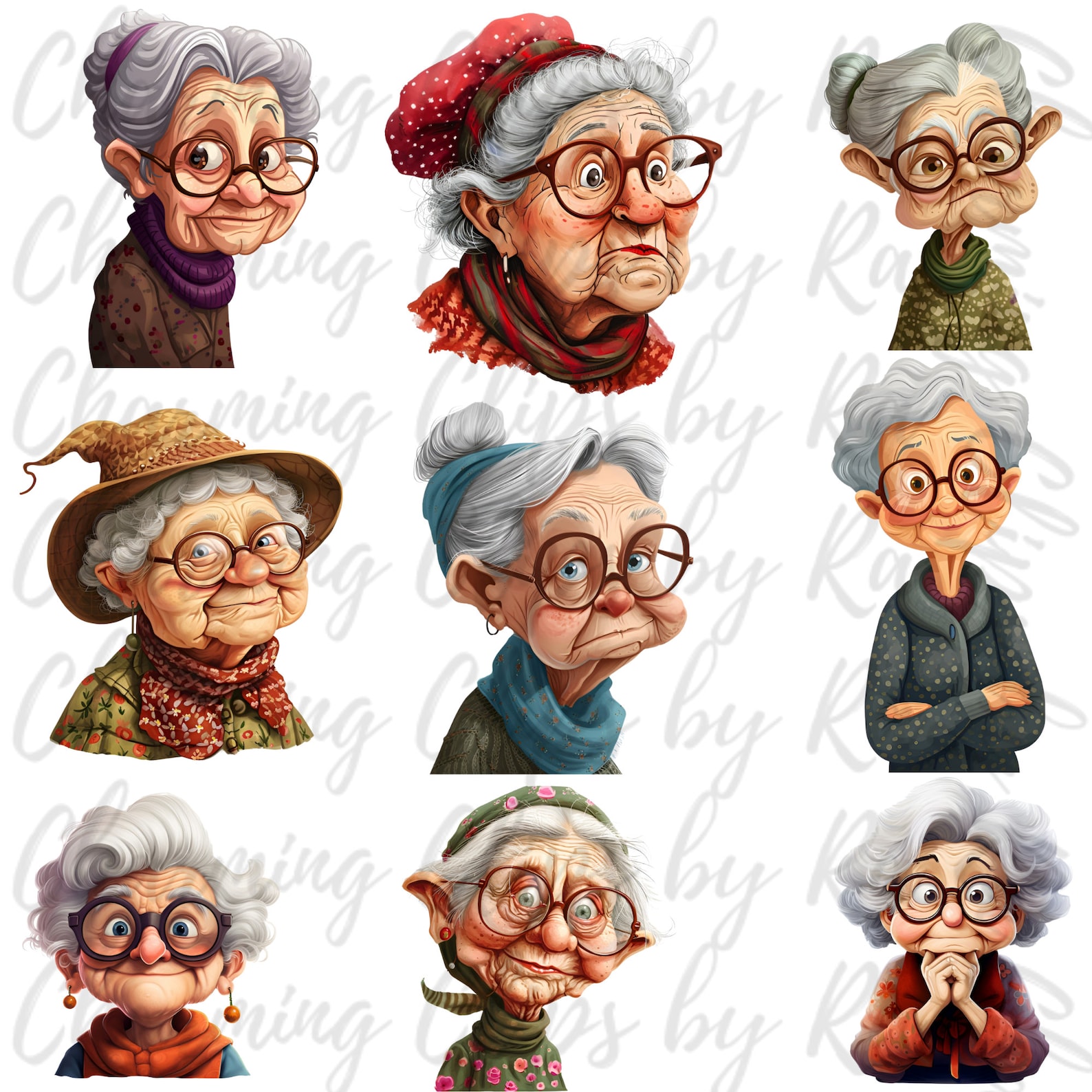 Funny Old Ladies Clipart, Elderly Clipart, Cute Grandma, Old Ladies PNG Bundle, Cheerful Old ...