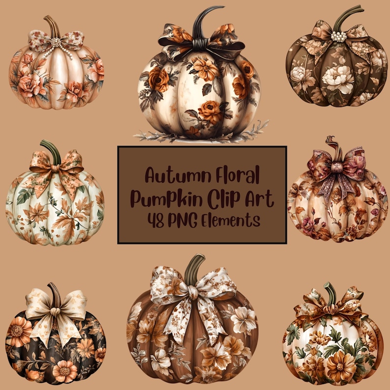 Pumpkins Floral Clipart | Autumn Floral Toile Pumpkins Clipart | Autumn ...