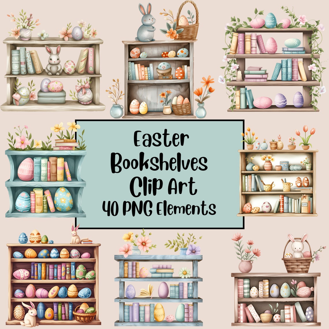Watercolor Easter Bookcase Clipart, Easter Bookshelf Bundle, Library ...